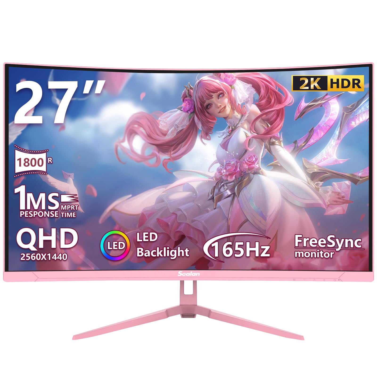 Amazon.com: Sealan Pink 27 inch Curved Gaming Monitor 2K 165Hz, QHD ...