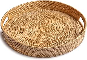 FDTY Hand-Woven Round Rattan Serving Tray Decorative Wicker Trays with ...