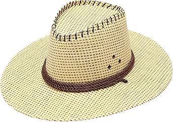 Unisex Straw Cowboy Hat Drawstring Plaid Western Style Classic Wide ...