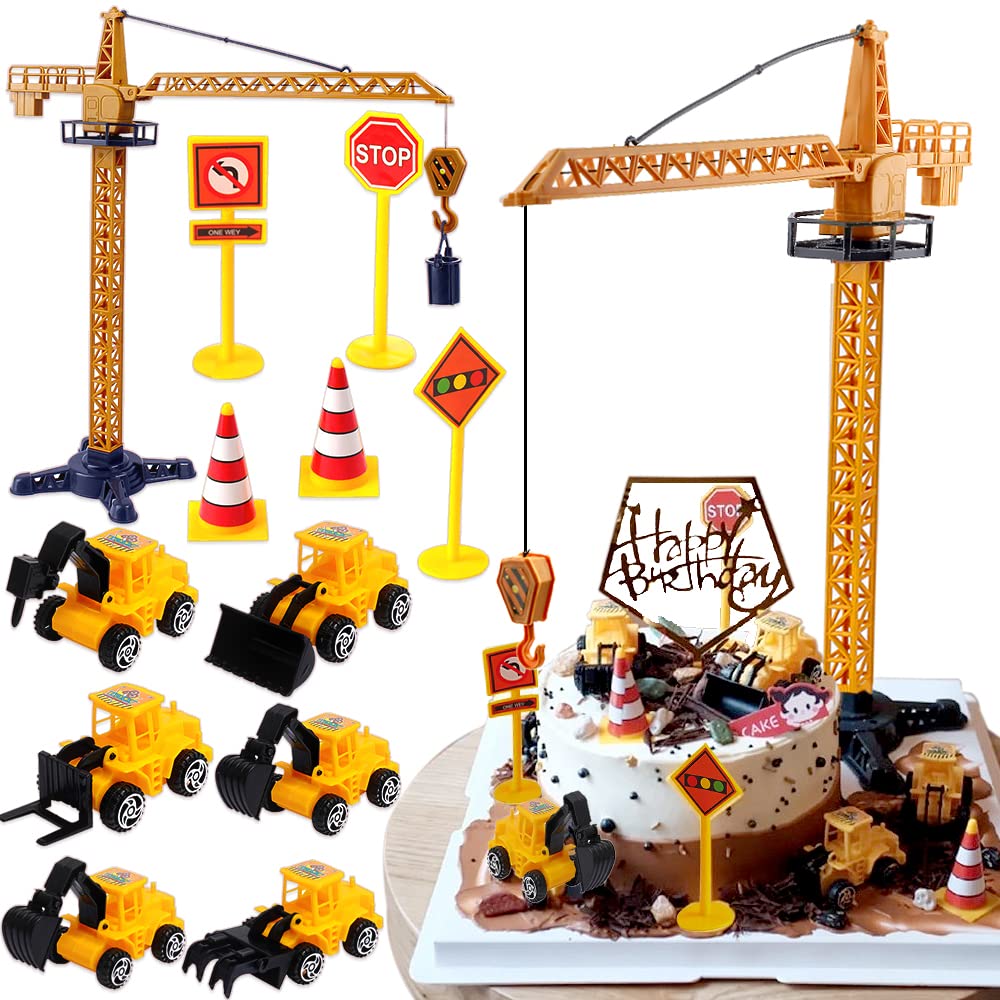 Amazon.com: Construction Cake Topper Large Crane Excavator Traffic Road ...