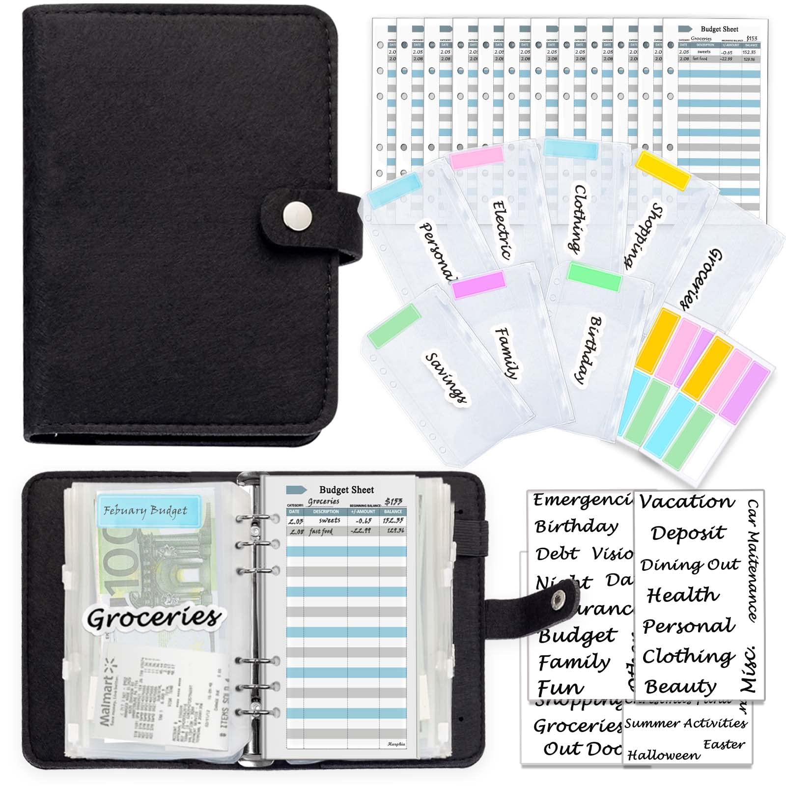 Wool Felt Black A6 Binder, Money Saving Wallet Binder,Silver 6Ring ...