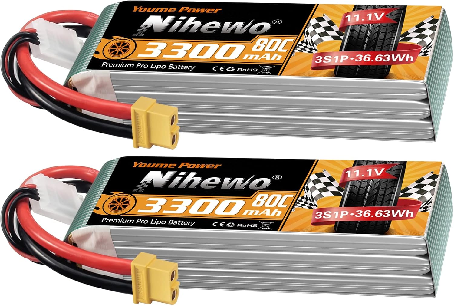 Amazon.com: Nihewo 2Packs 11.1V Lipo Battery, 3S Lipo Battery 3300mAh ...