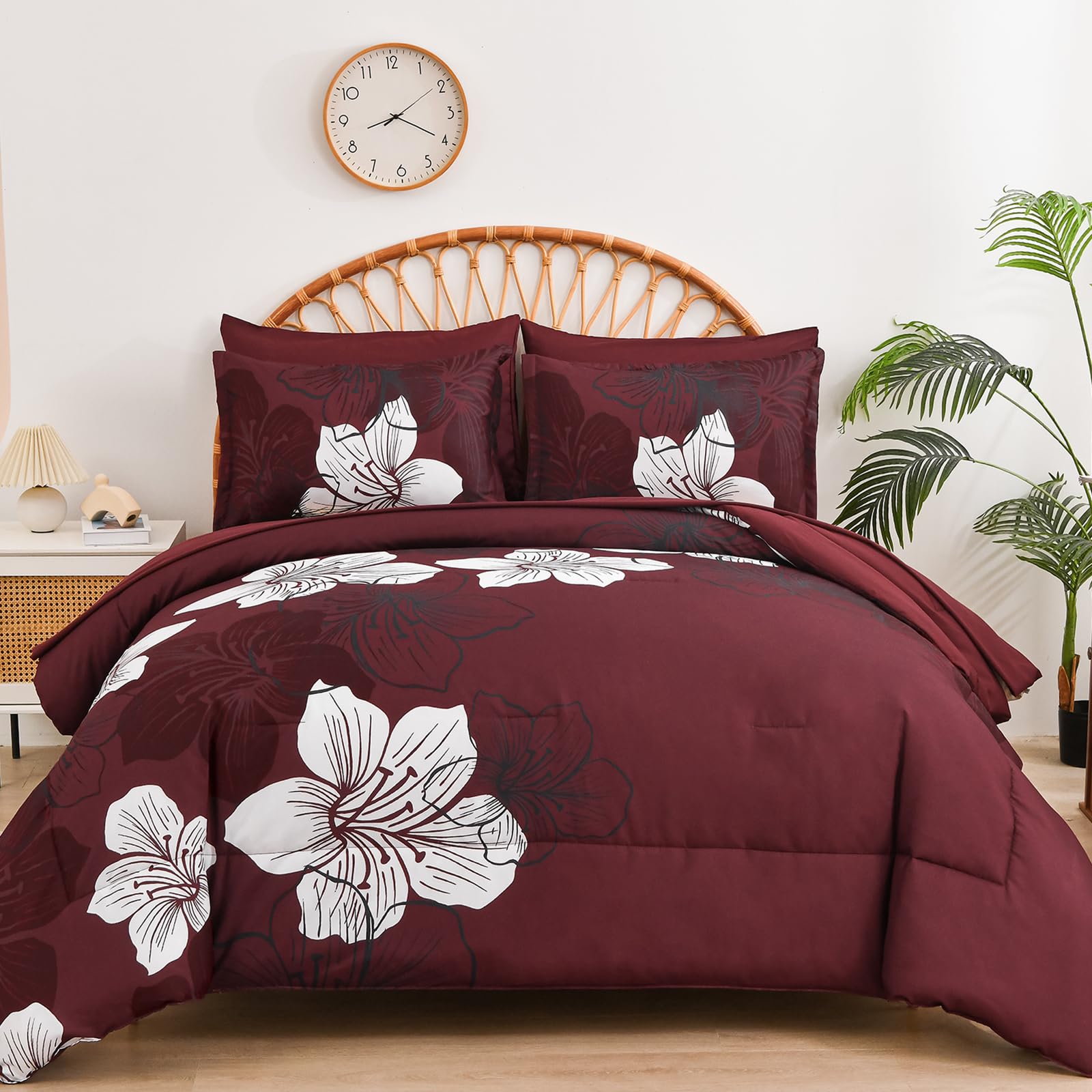 Amazon.com: Luxudecor 7 Pieces Queen Size Comforter Set, Burgundy ...