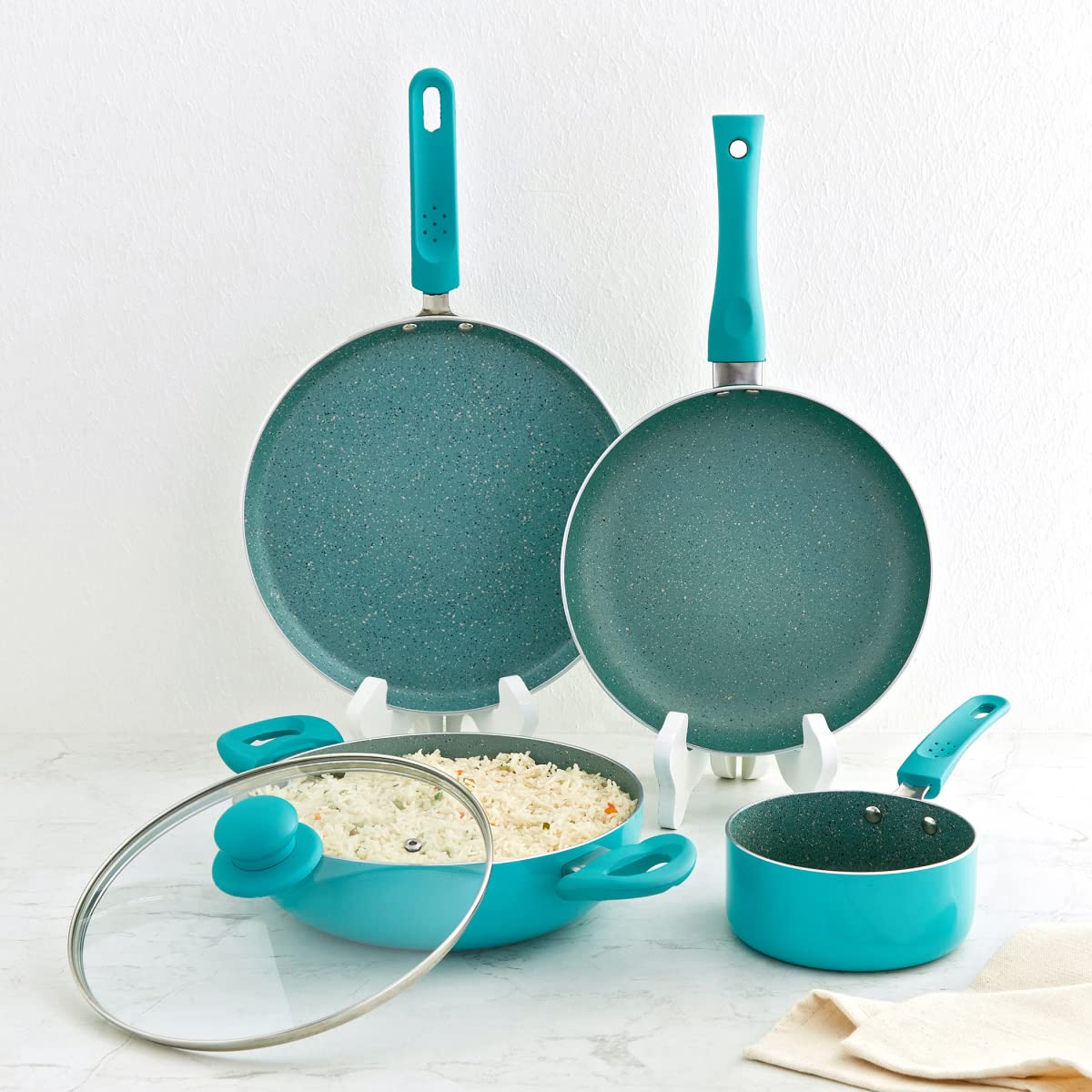Home Centre Delight-Merlon Teal Marble Coated Non-Stick Cookware Set ...