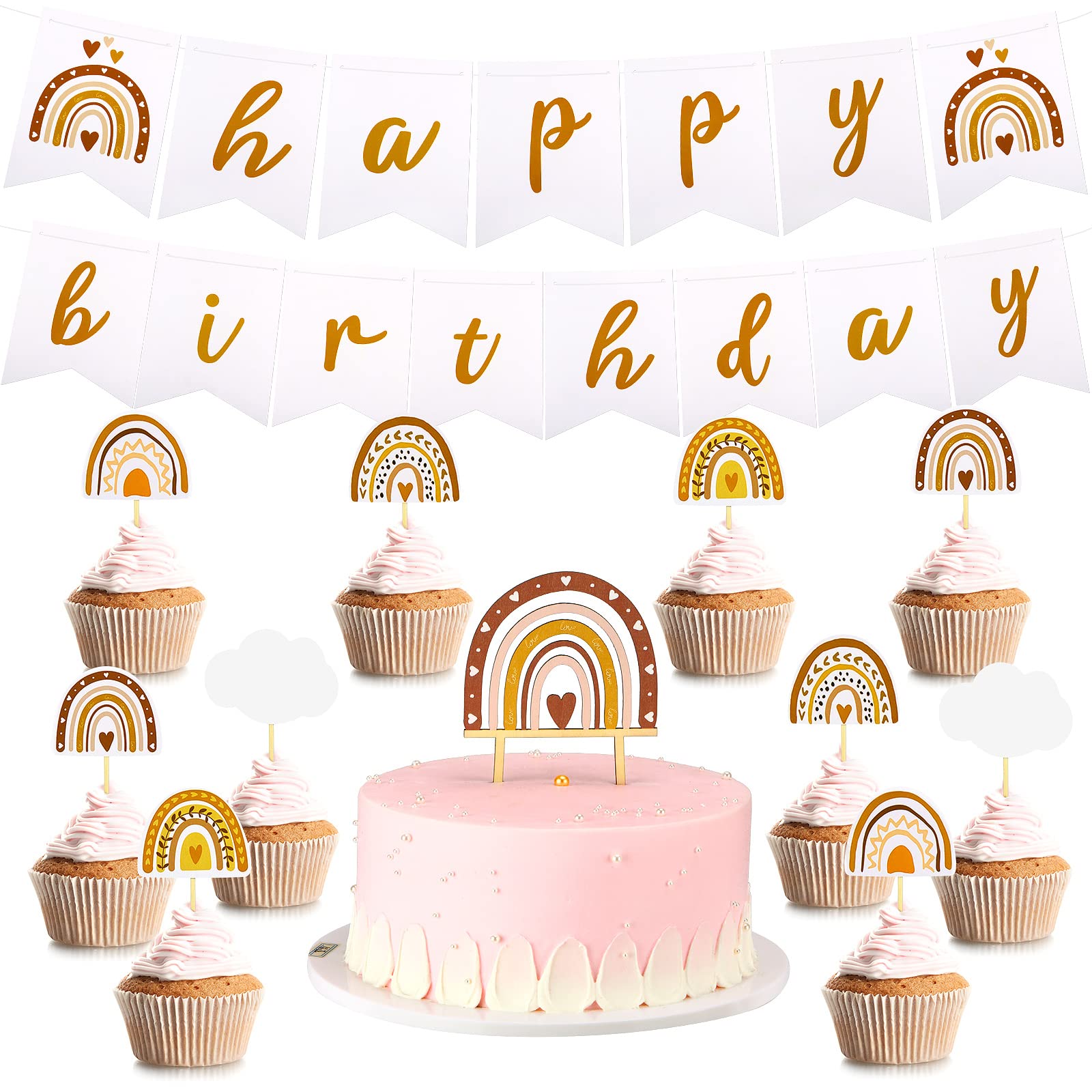 Buy 48 Pieces Boho Rainbow Paper Cake Topper with 1 Piece Wooden Boho ...