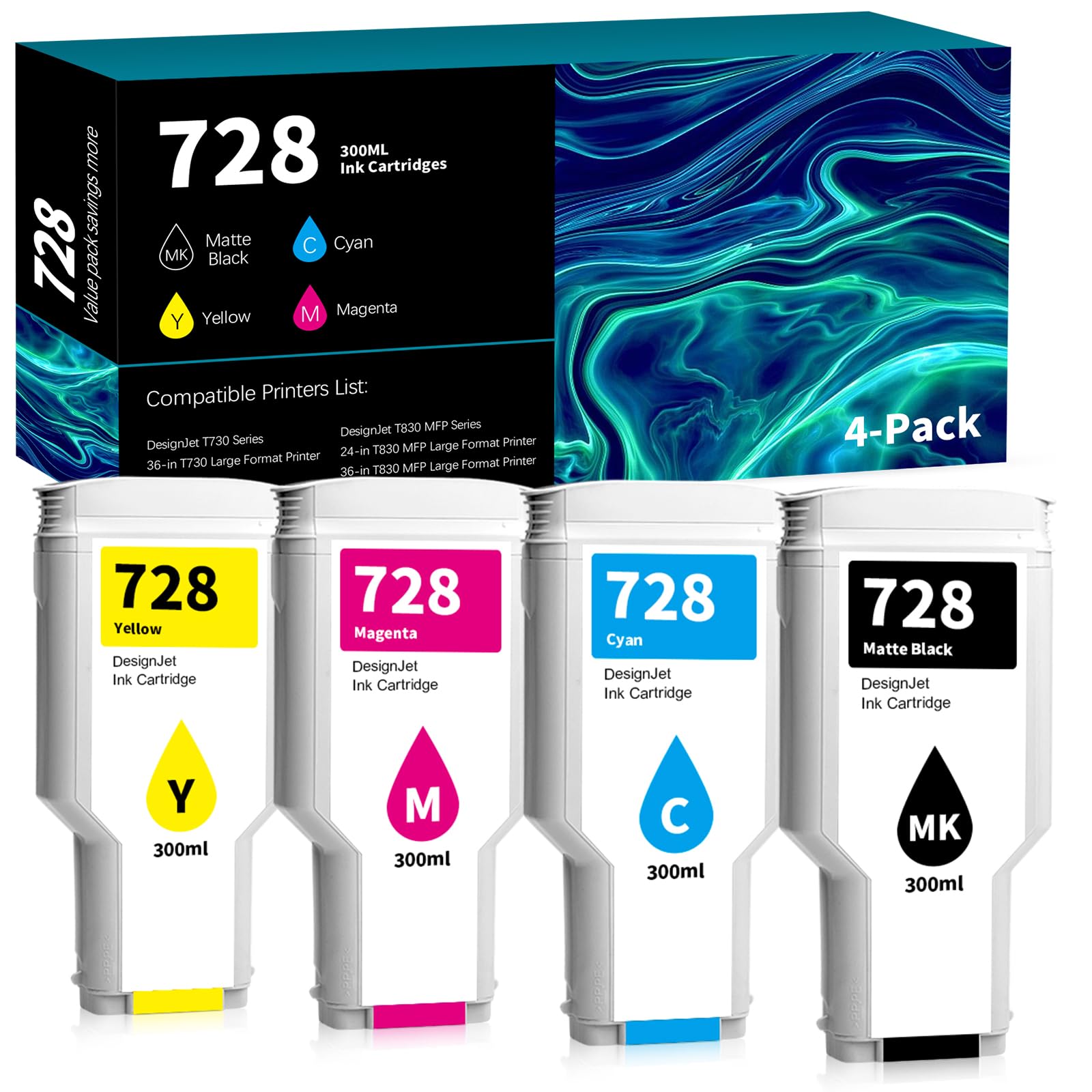 Amazon.com: 728 Ink Cartridges (4 X 300ml, Matte Black/Cyan/Magenta ...