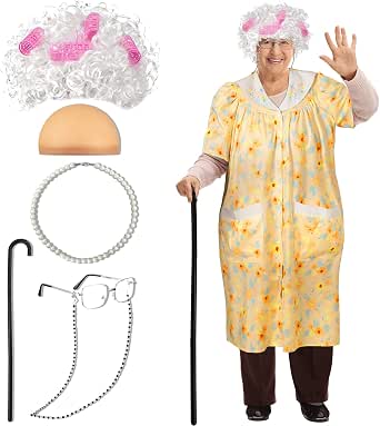 Amazon.com: Jiuguva 7 Pcs Old Lady Costume for Girls Women 100th Days ...