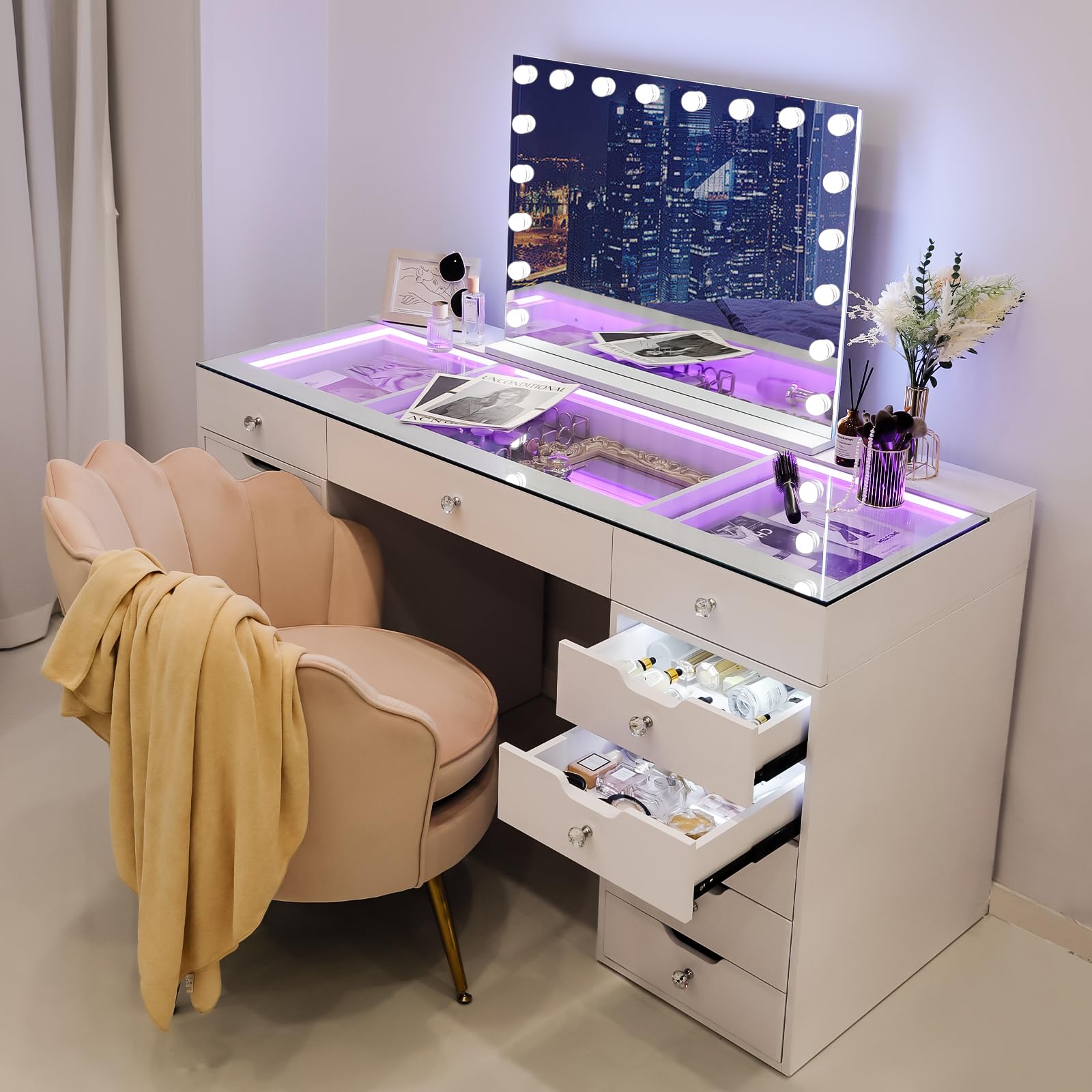 Amazon.com: VANITII Vanity Desk with Lights RGB Color Changing Desktop ...