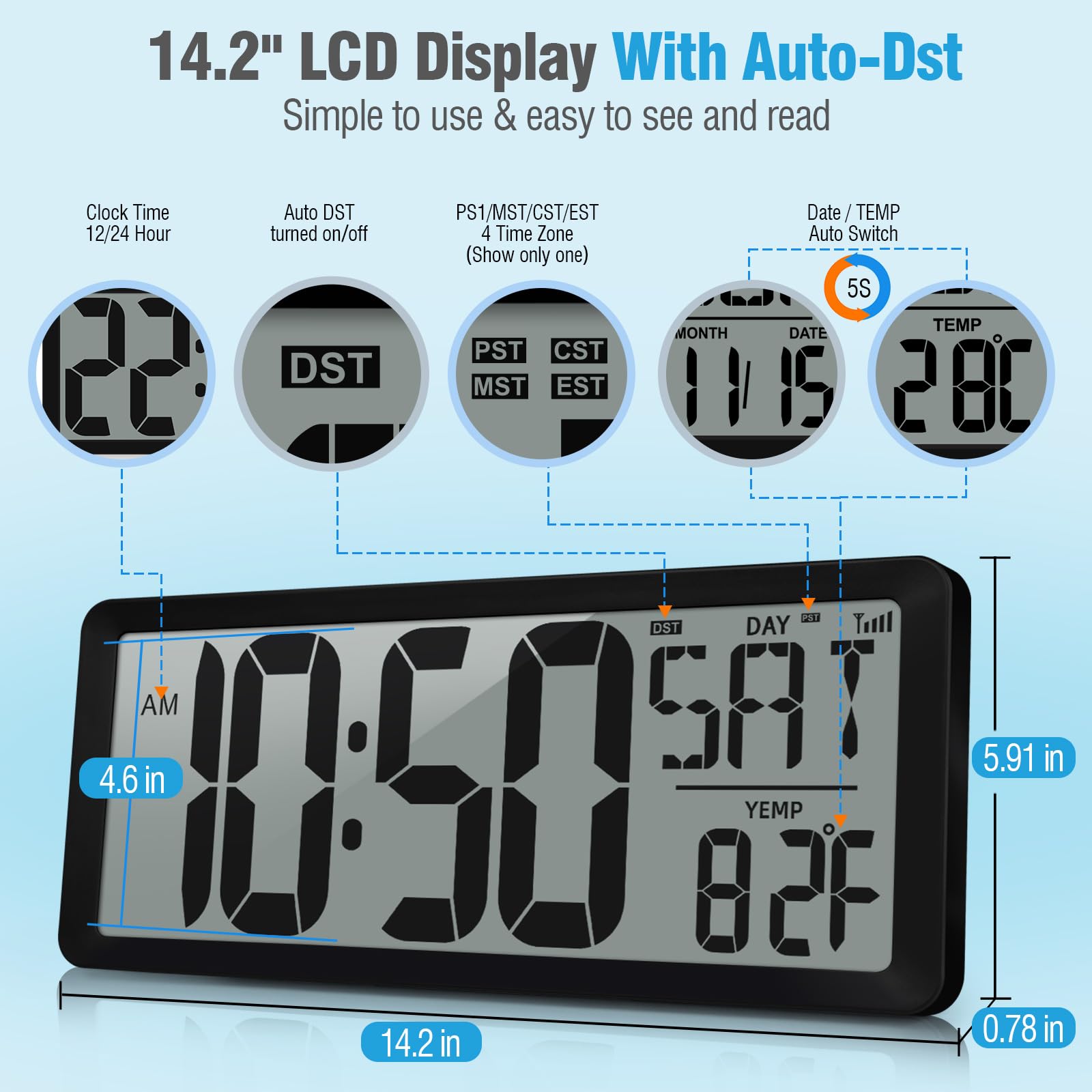 Atomic Clock with Backlight, 14.2" Large Digital Wall Clock Battery ...