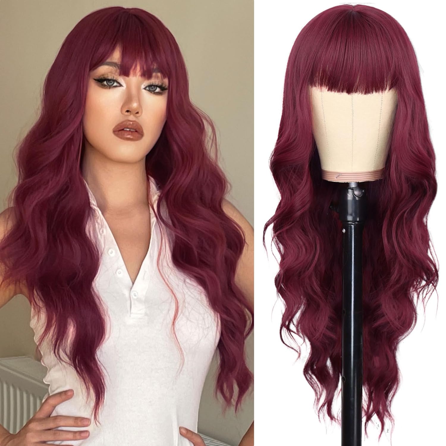 Amazon.com : Tereshar Red Wig with Bangs for Women Long Wavy Curly Wine ...