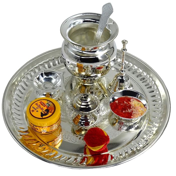 Buy radhna Festive Special Silver Plated Puja Thali Set with Kalawa ...