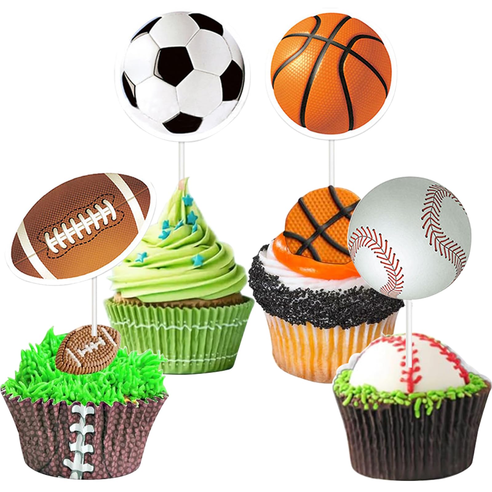 ZitTRo 24Pcs Sports Cupcake Toppers Baseball Rugby Basketball Football ...