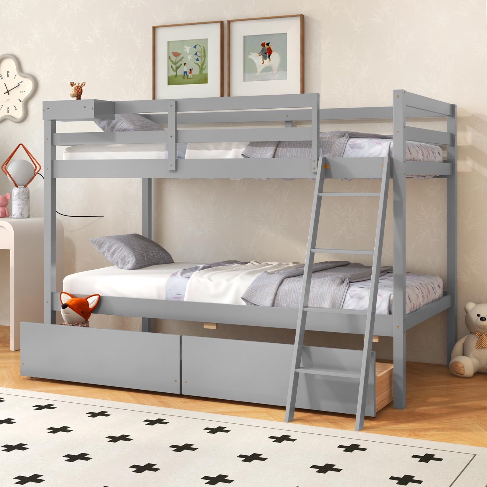 KOTEK Bunk Bed Twin Over Twin with 2 Storage Drawers, Solid Wood Bunk ...