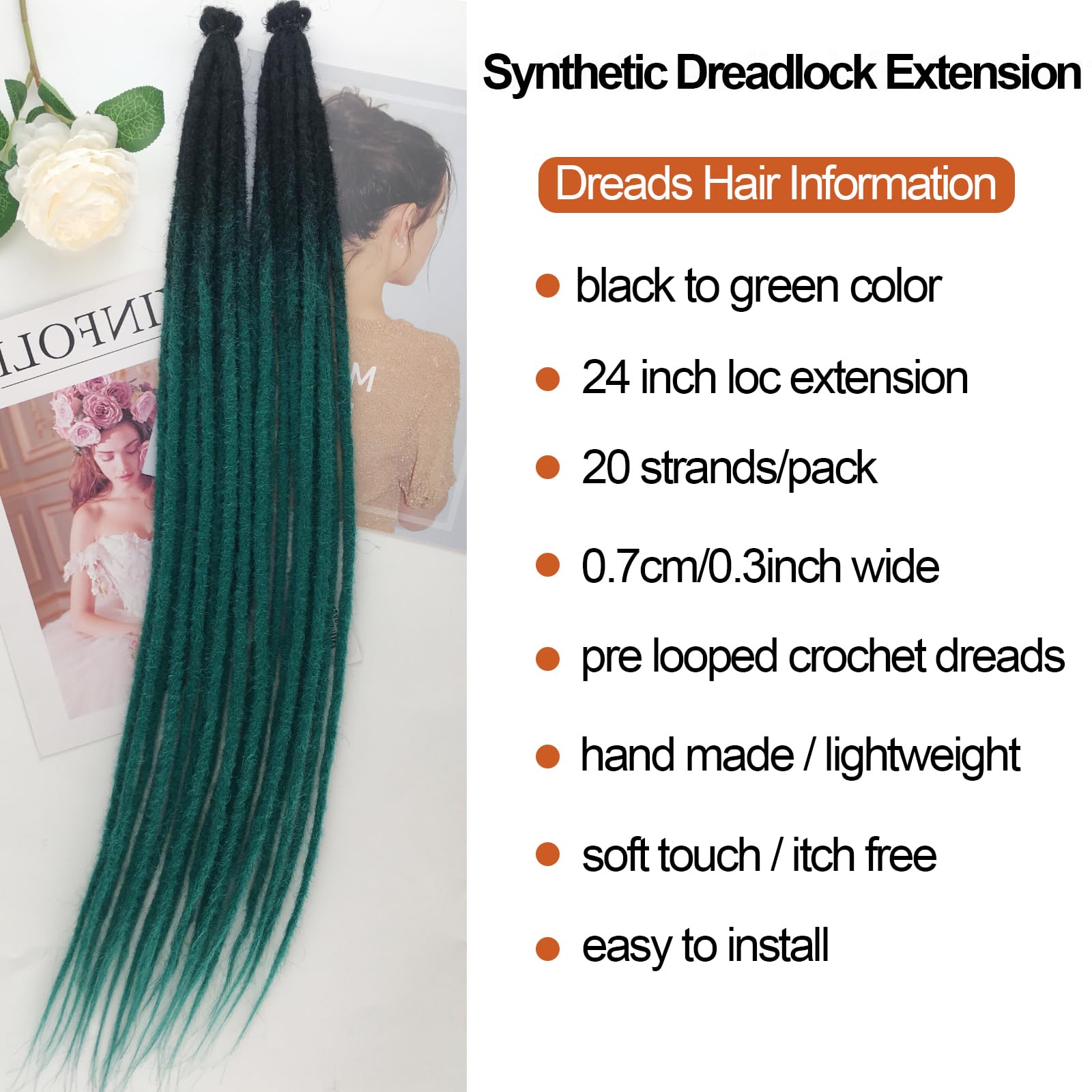 Snapklik.com : 24 Inch Ombre Green Dreadlock Extensions 20 Strands Soft ...