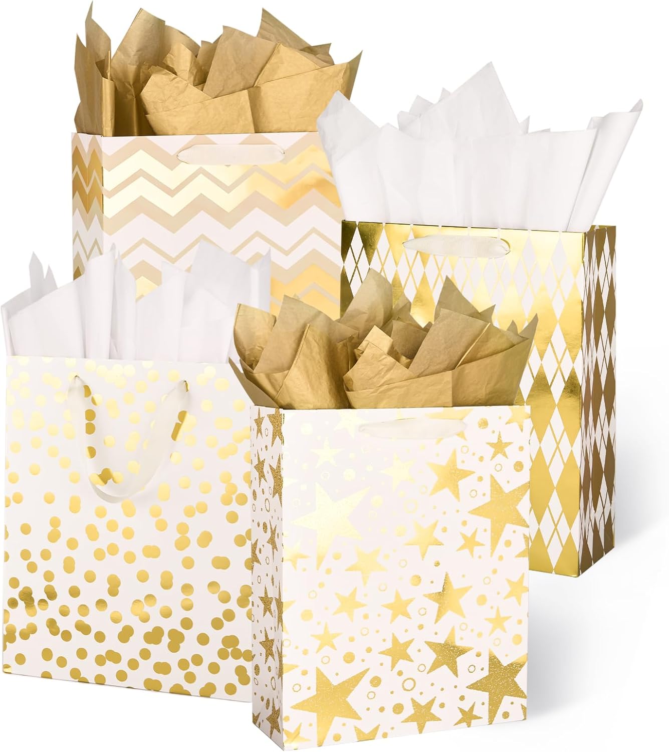 Amazon.com: PAPER FAIR Metallic Gold Foil Gift Bags Bulk with White ...