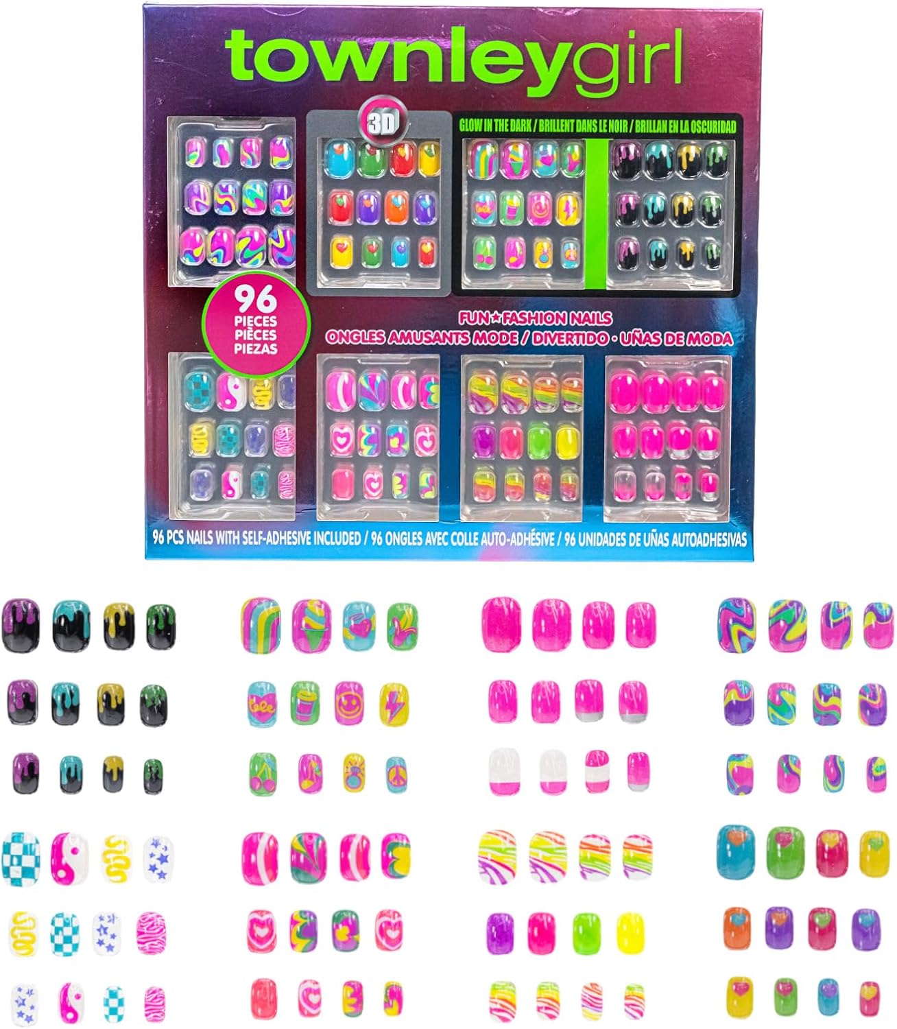 96 Pcs Stick on Nails Set | 3D and Glow-In-Dark Press- On Nail Sets for ...