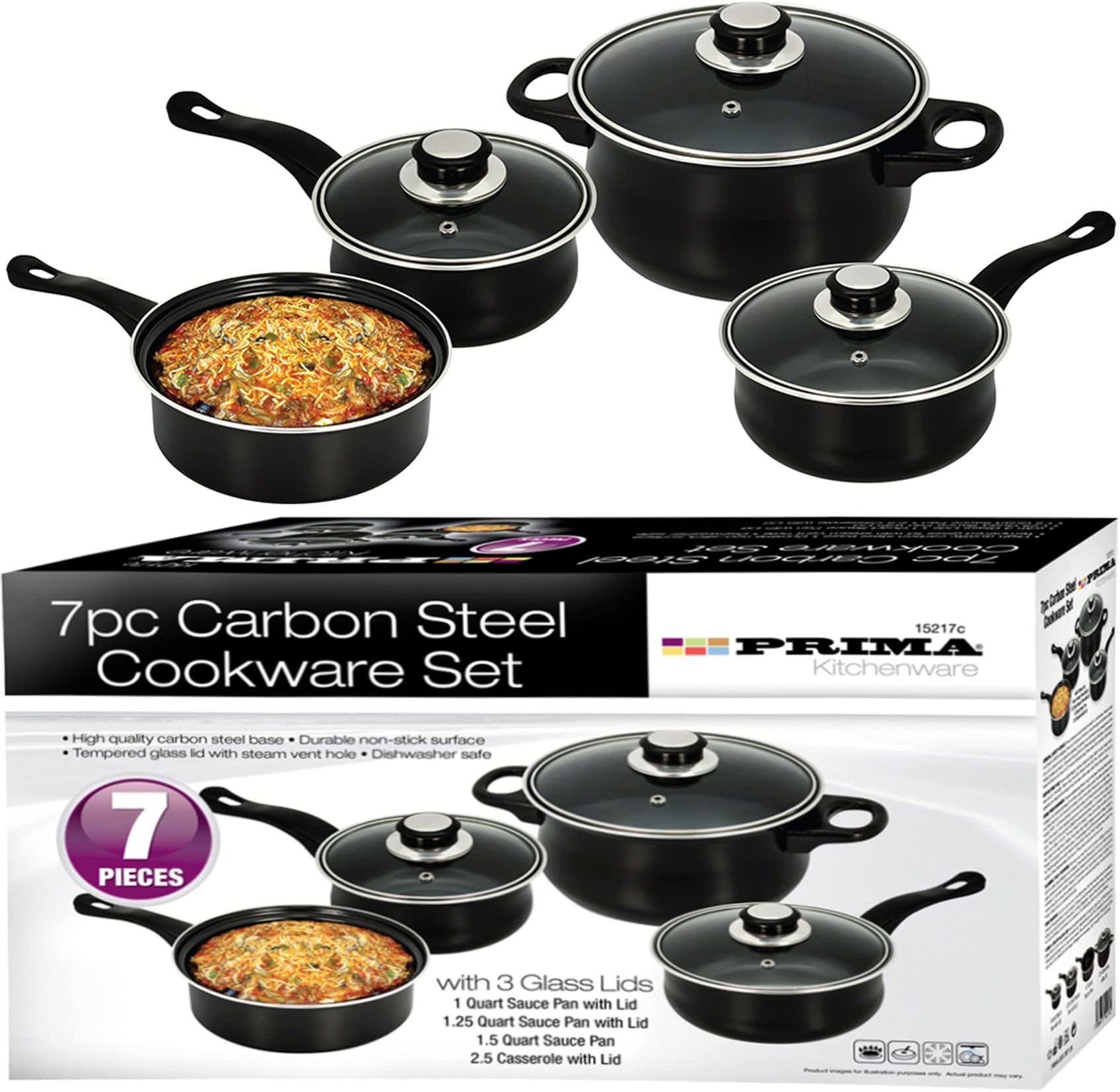 7 Pcs Carbon Steel Black Cookware Set | Non-Stick Saucepan with Glass ...