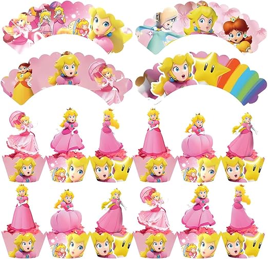Amazon.com: 48pcs Peach Princess Birthday Cake Topper Decoration Cake ...