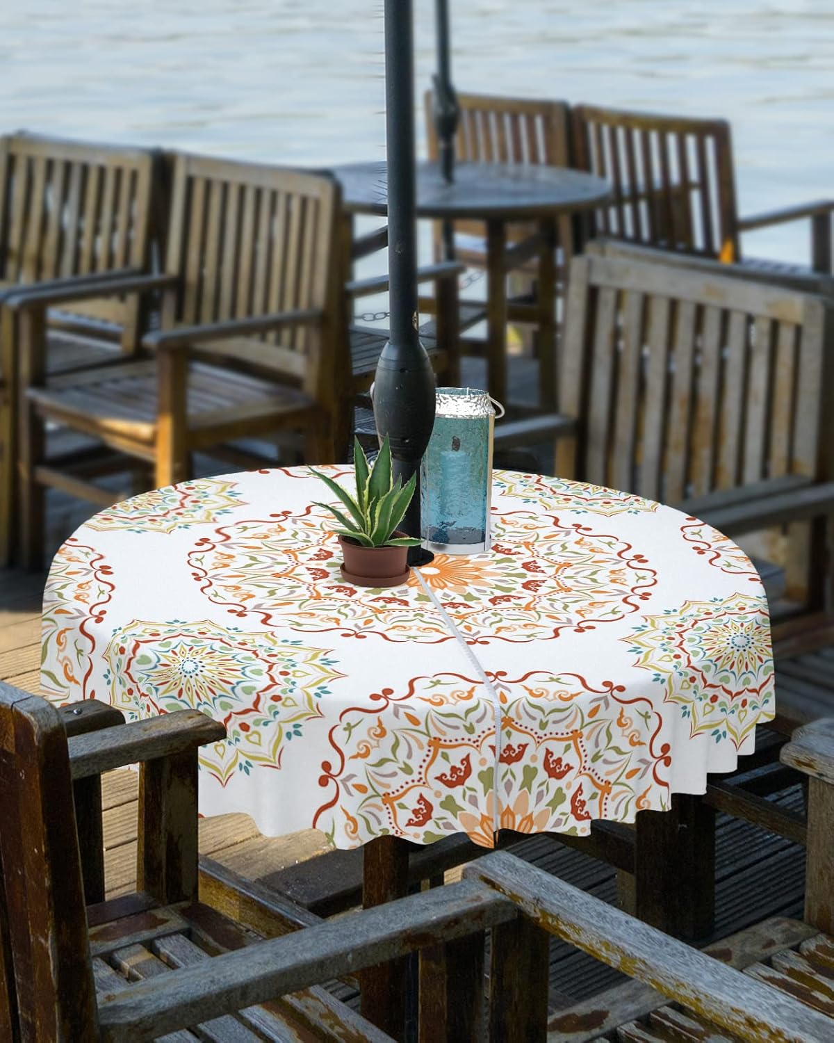 Lsrtoss Outdoor Tablecloth with Umbrella Hole & Zipper, Orange Round ...