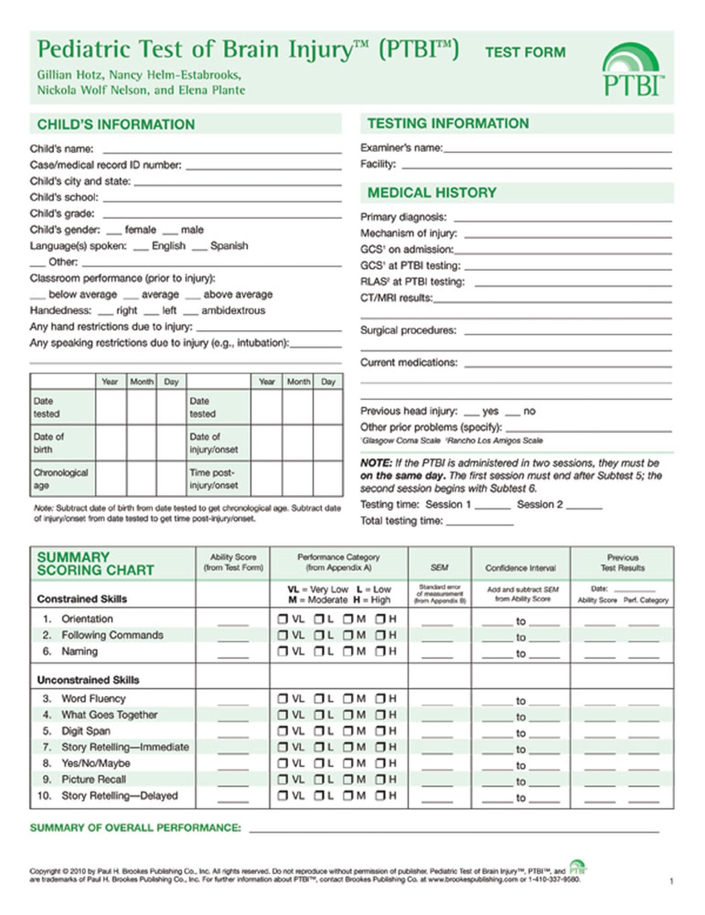 Pediatric Test of Brain Injury™ (PTBI™ ) Test Form: 9781598571097 ...