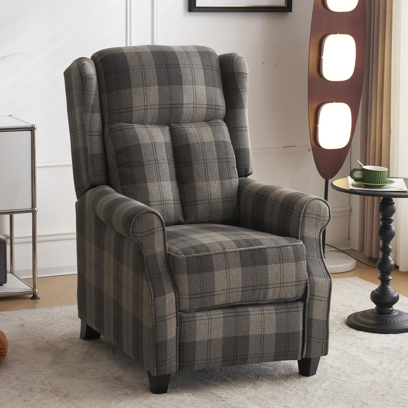 Menaka Living Room Reclining Chairs Grey Checked Fabric Single Sofa ...