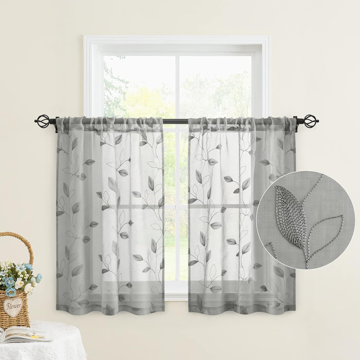 Amazon.com: HOMEIDEAS Grey Sheer Kitchen Curtains 30 X 24 Inch Length 2 ...