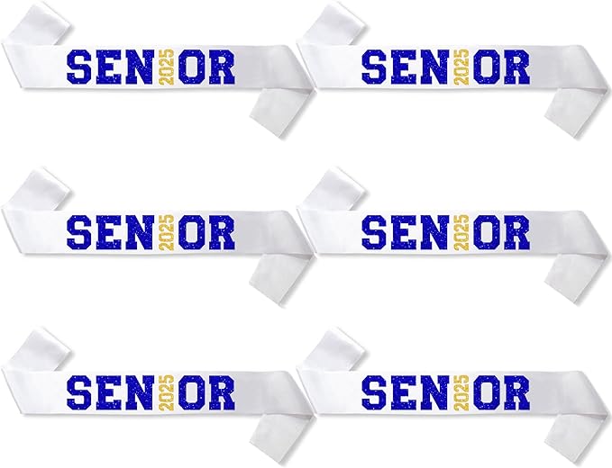 Amazon.com: 6Pcs White Senior 2025 Satin Sashes with Blue Gold Glitter ...
