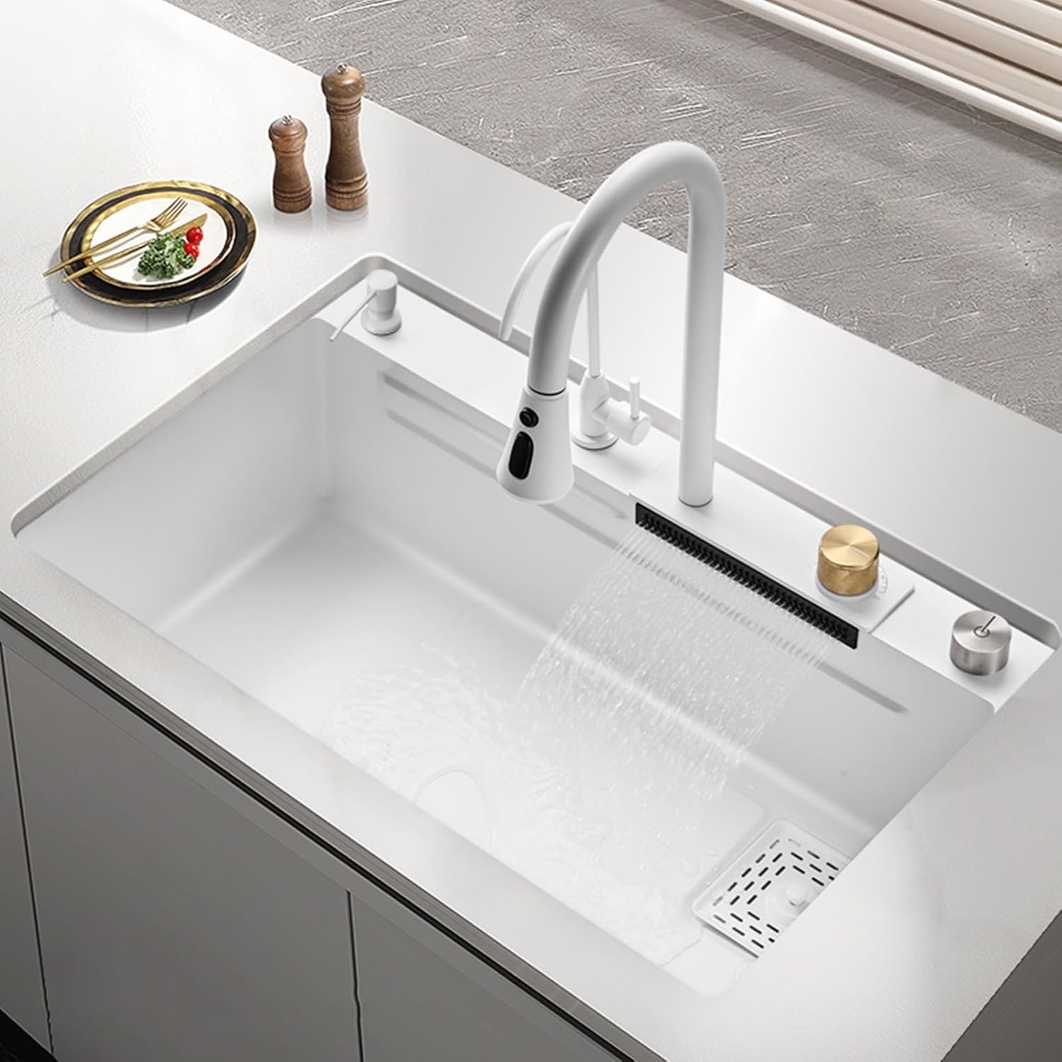 uqlpxz White Kitchen Sink with Waterfall Kitchen Sink, Single Basin ...
