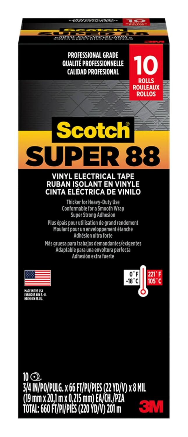 3M Scotch Super 88 Vinyl Electrical Tape, -18 to 105 Degree C, 10000 mV Dielectric Strength, 66 ...