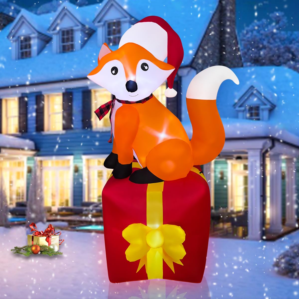 Amazon.com: JOYEASE 5 FT Christmas Inflatables Fox Standing on Gift Box ...