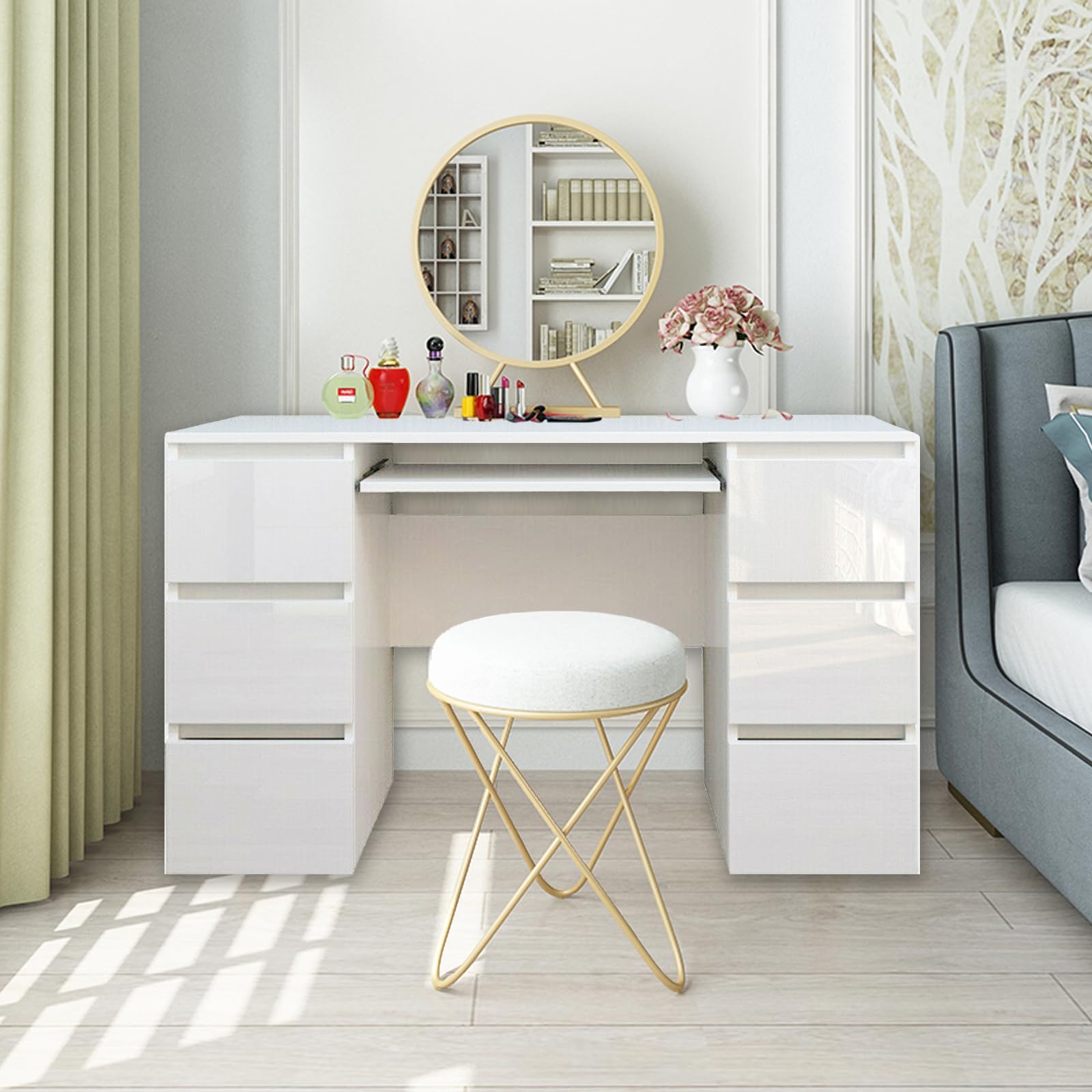 UMAIL High Gloss White Dressing Table with 6 Drawers Home Office ...