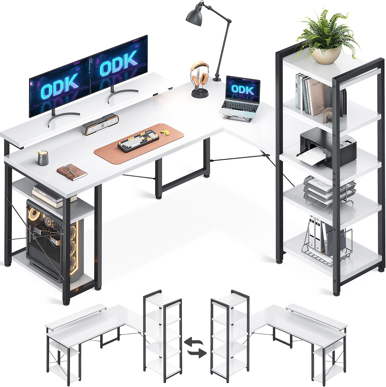 ODK Corner Desk, L Shaped Desk with Storage & Hooks, Computer Gaming Desk with Monitor Stand ...