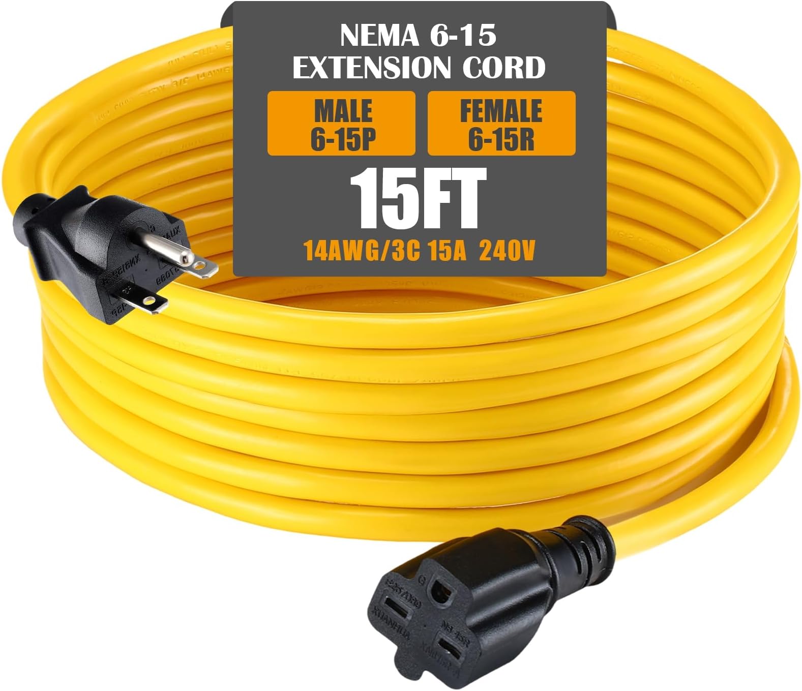 Amazon.com: Tellegloww 15ft NEMA 6-15 Extension Cord 6-15P Male to 6 ...