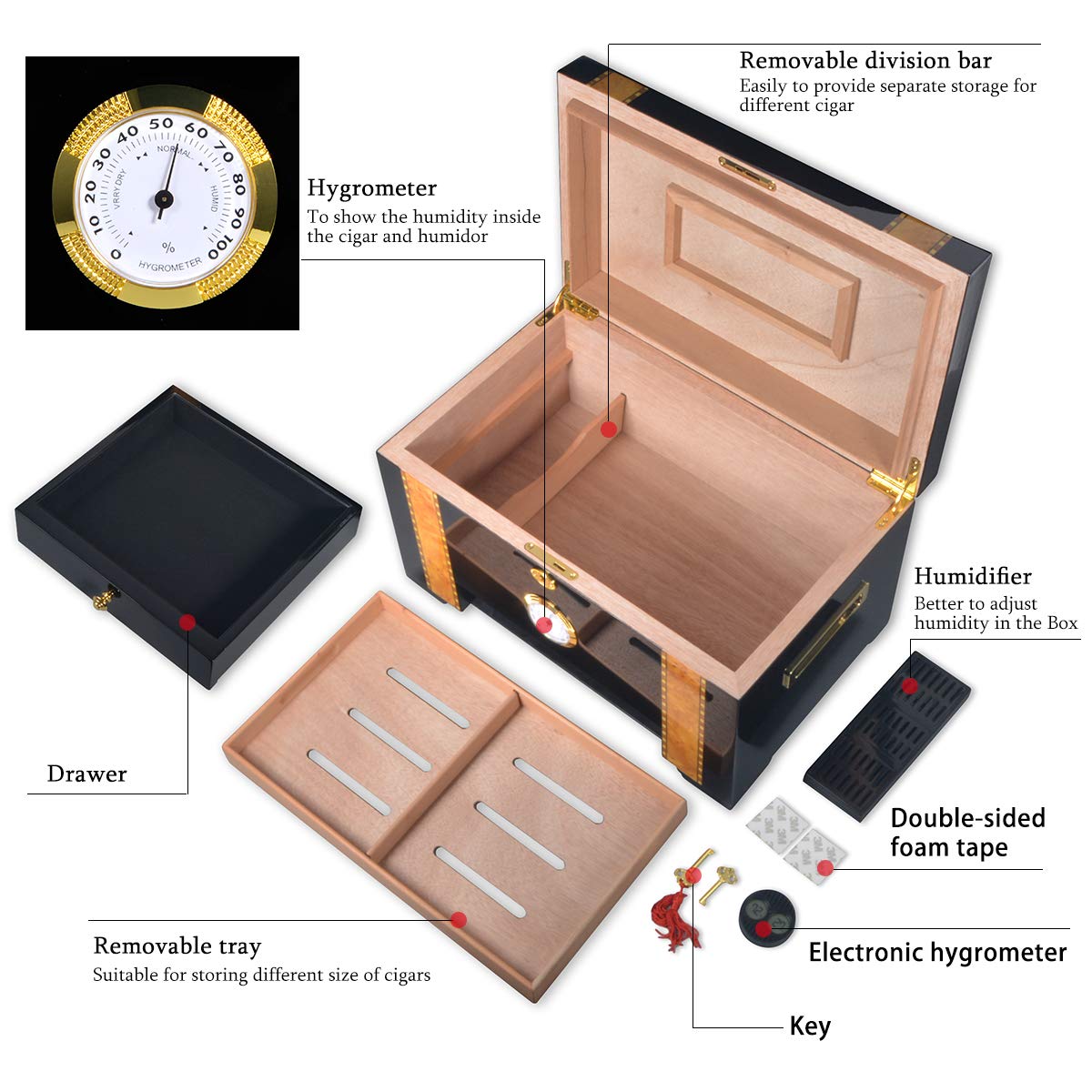 Cigar Humidor, Luxury Cigar Storage Box with Humidifier and Hygrometer ...