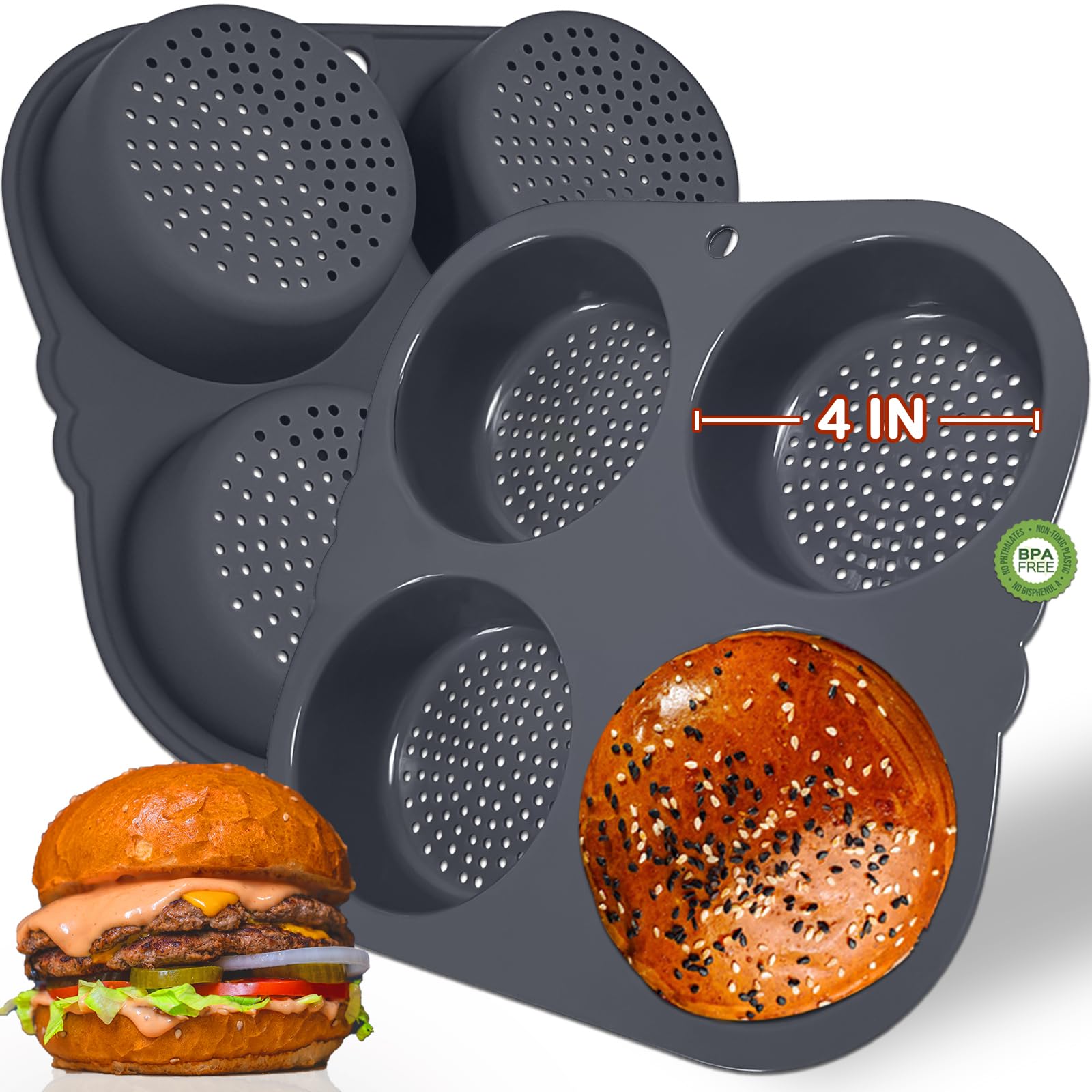 GDDGCUO Hamburger Bun Pan, 4 Inch Silicone Hamburger Bun Mold, 4 Cup ...