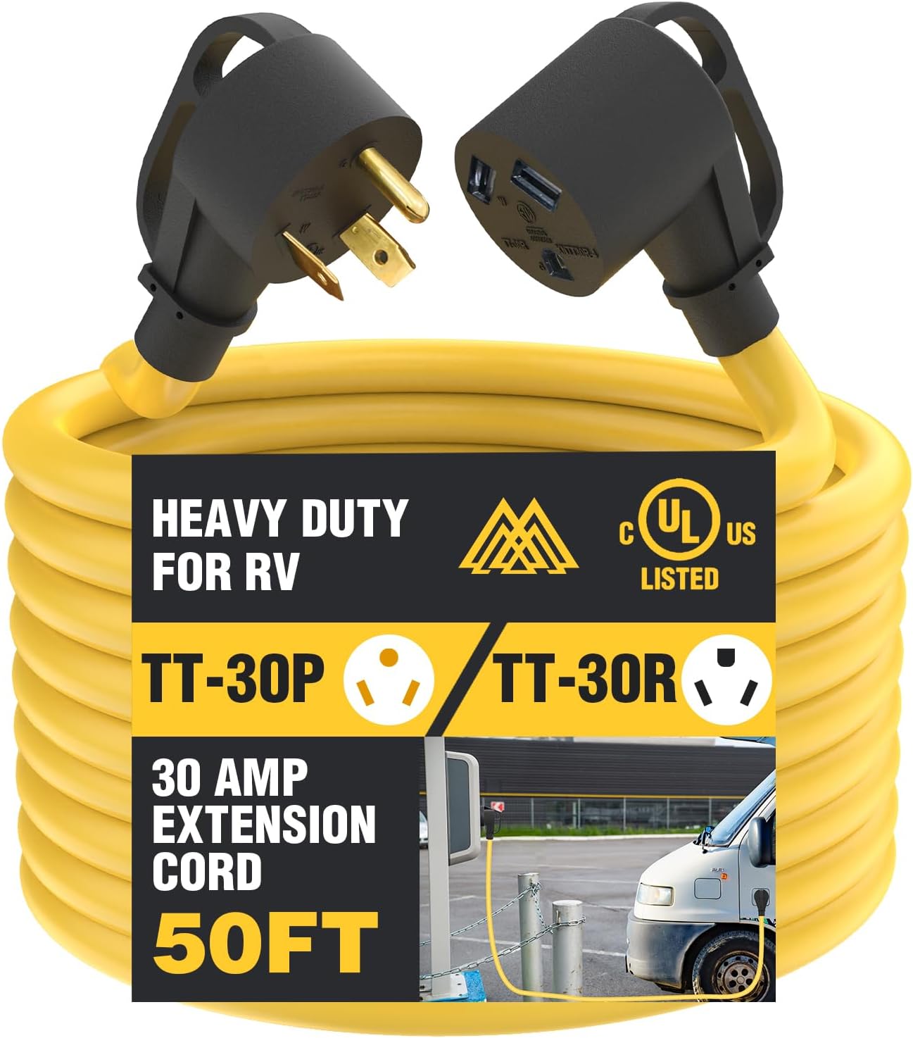 50FT 30 Amp RV Extension Cord NEMA TT-30P to TT-30R with Grip Handle, 3 ...