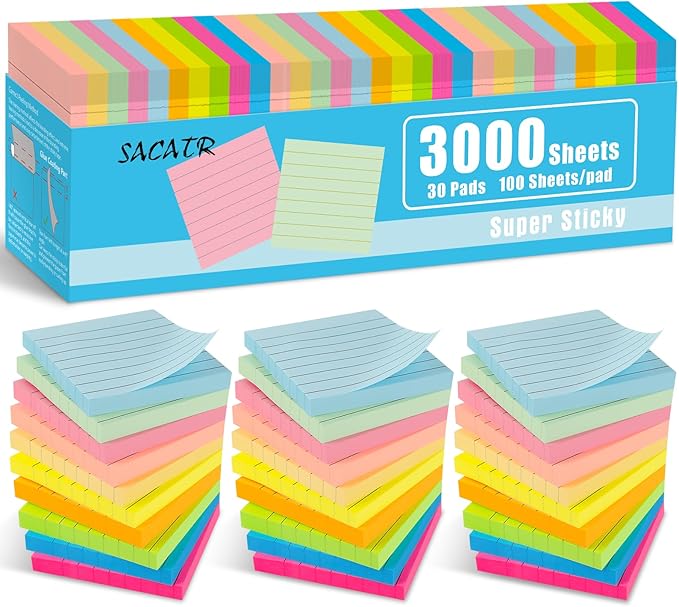 Amazon.com : SACATR 30 Pads Lined Sticky Notes, Sticky Note Pads 3x3 ...