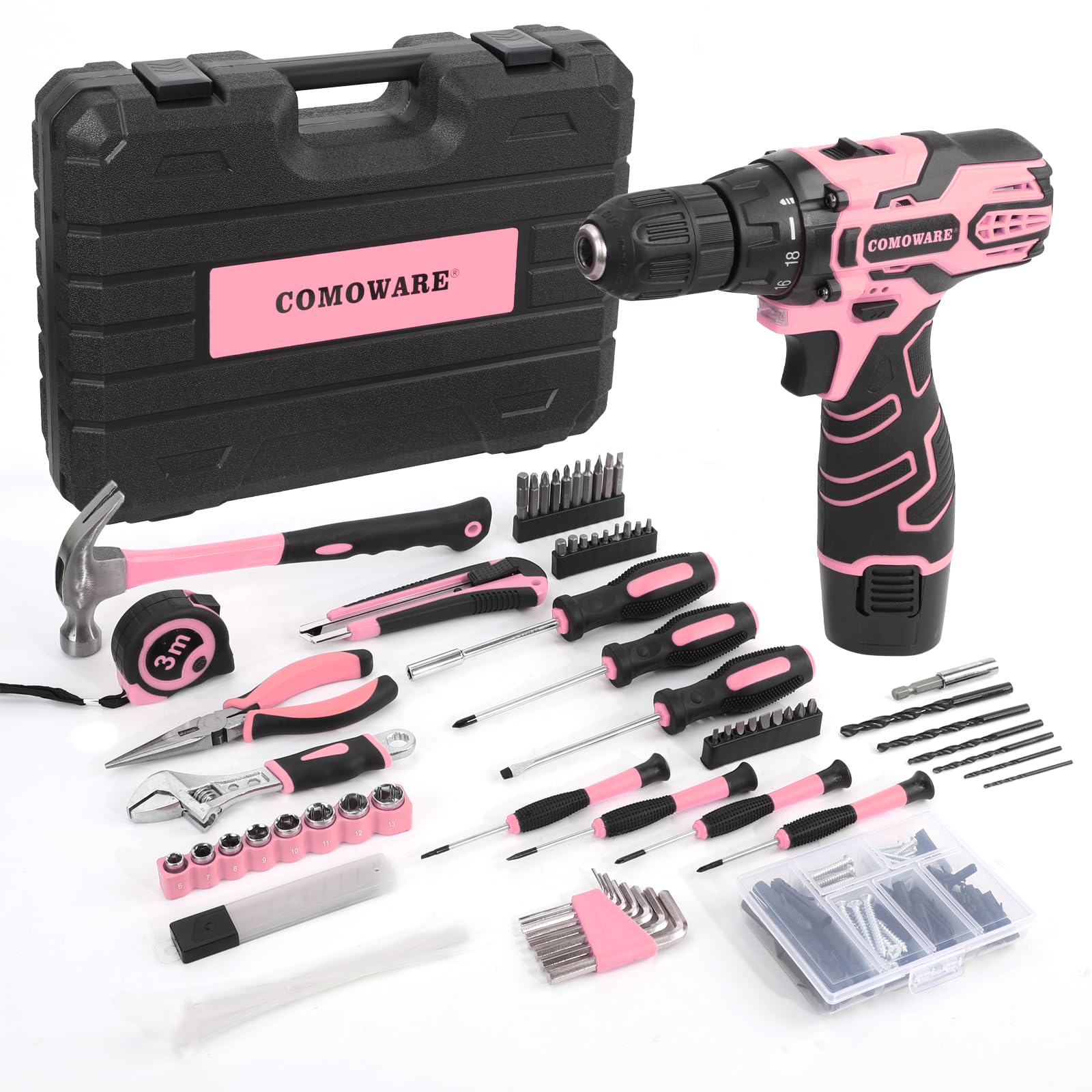 Amazon.com: COMOWARE Home Tool Kit with Pink Drill, 195PCS Household ...