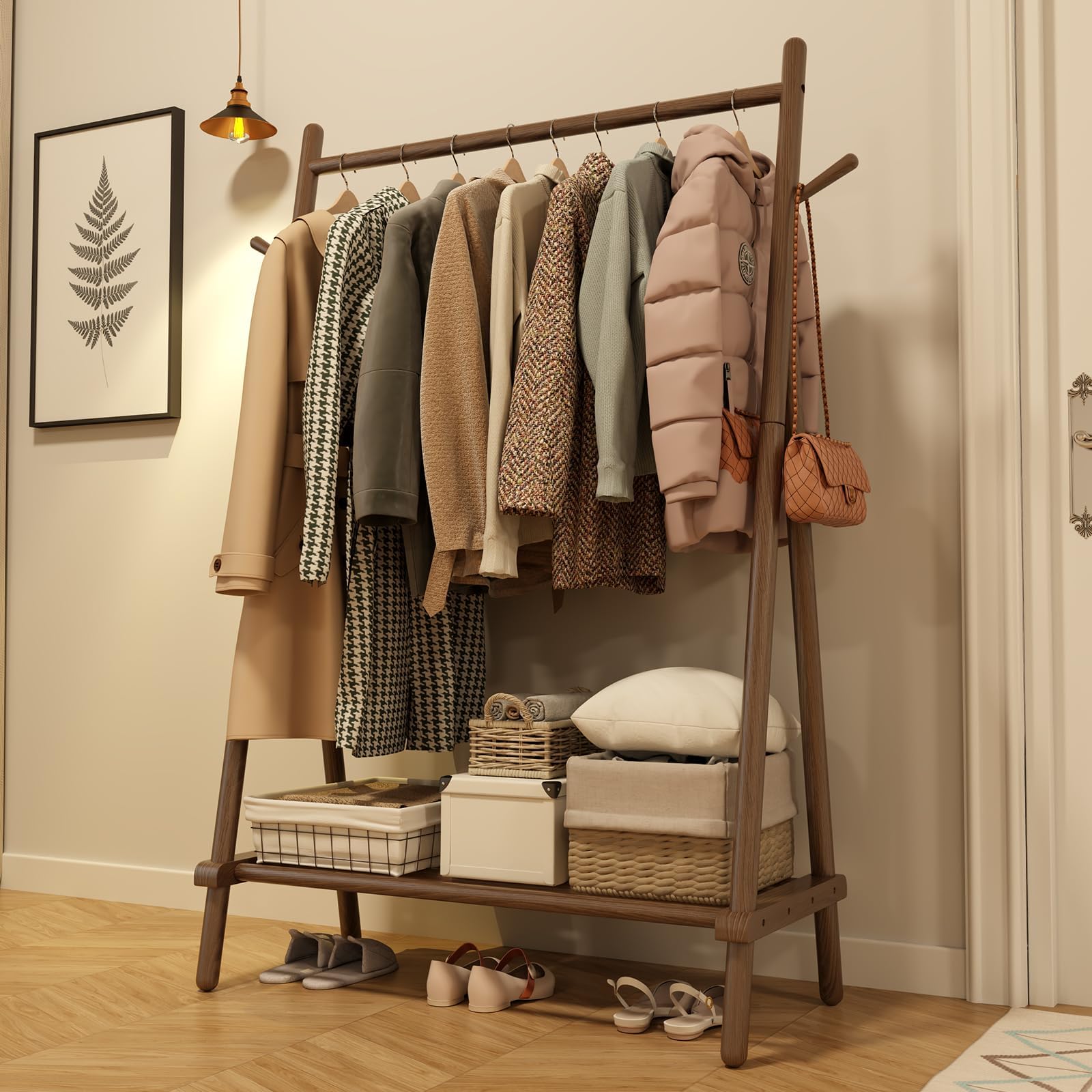 Amazon.com: KASLANDI Solid Wood Clothes Rack, Clothing Rack with Shelf ...