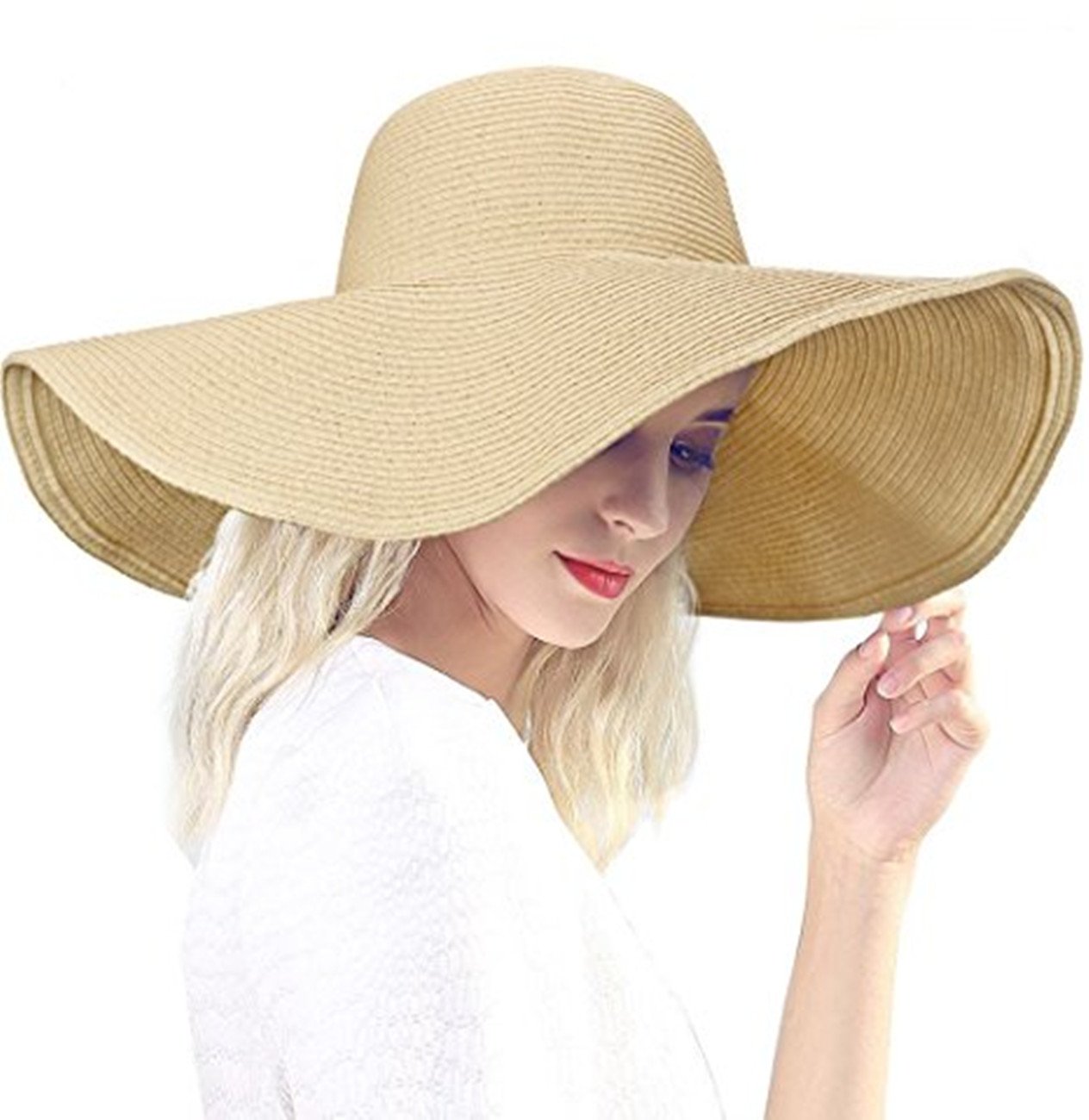 Baonmy Sun Hat for Women Ridge Wide Brim Sun Hat Beachwear Summer Straw ...