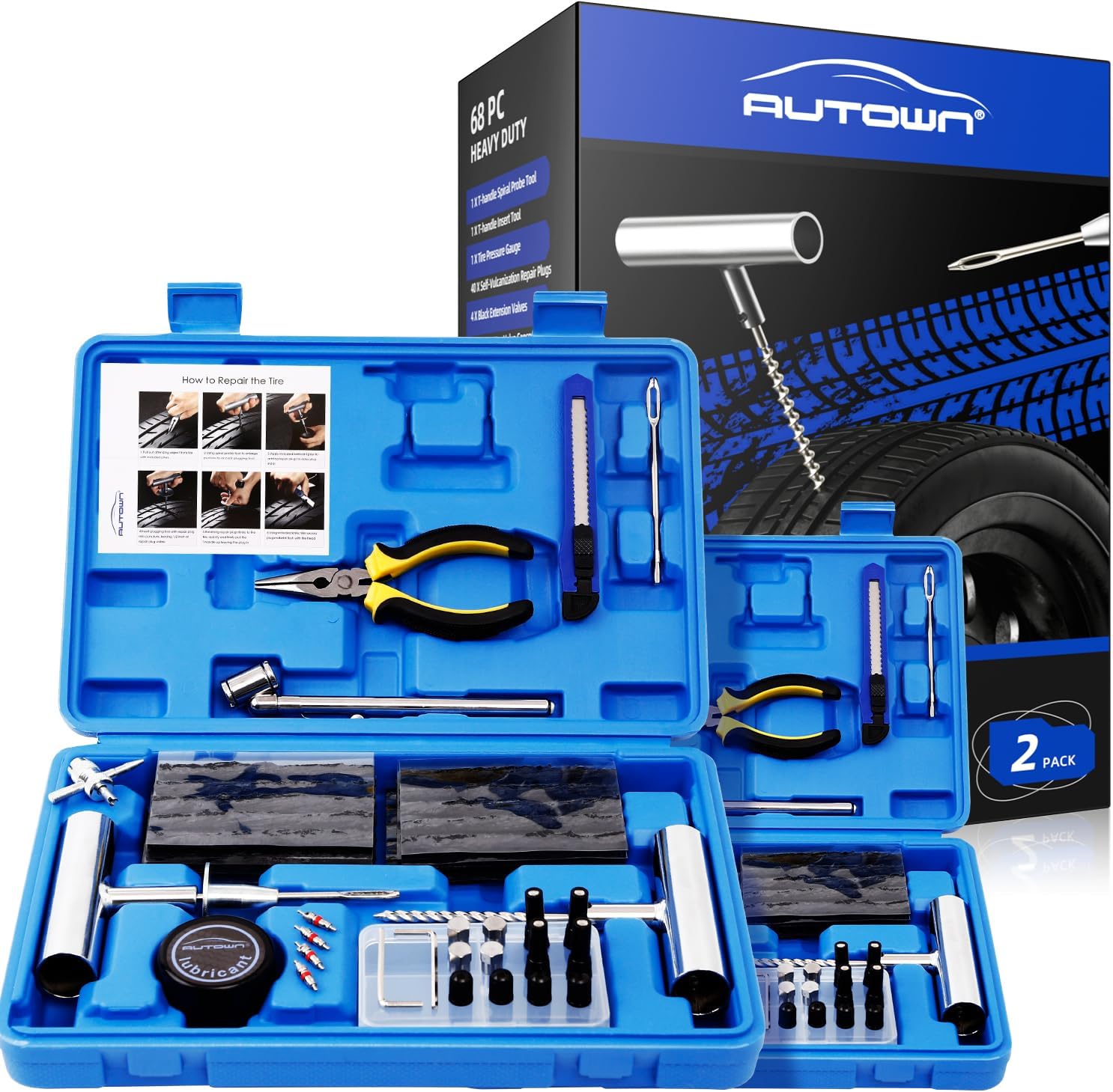 Amazon.com: AUTOWN Flat Tire Repair Kit with Plug 68 Pcs for Car ...