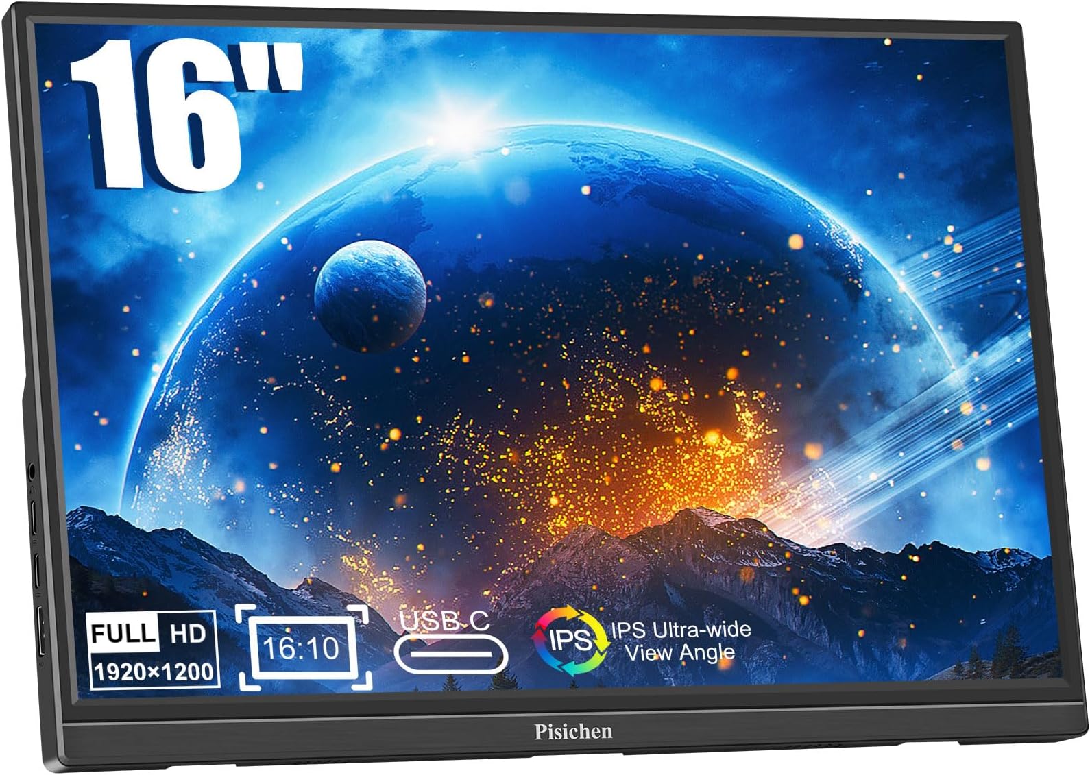 Pisichen Portable Monitor 16 Inch FHD 1920X1200P USB C HDMI Monitor ...