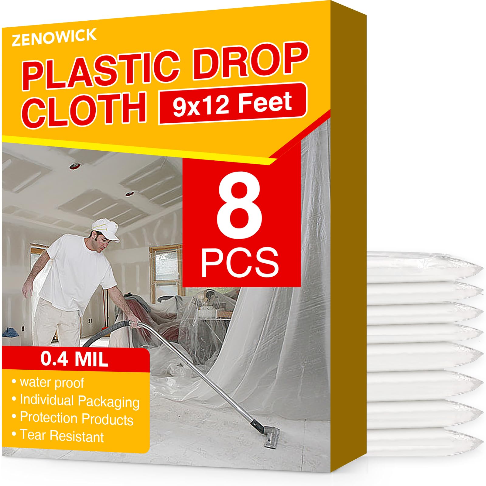 8 Pack Plastic Drop Cloth, 9x12 Ft Plastic Sheeting for Painting, Dust ...