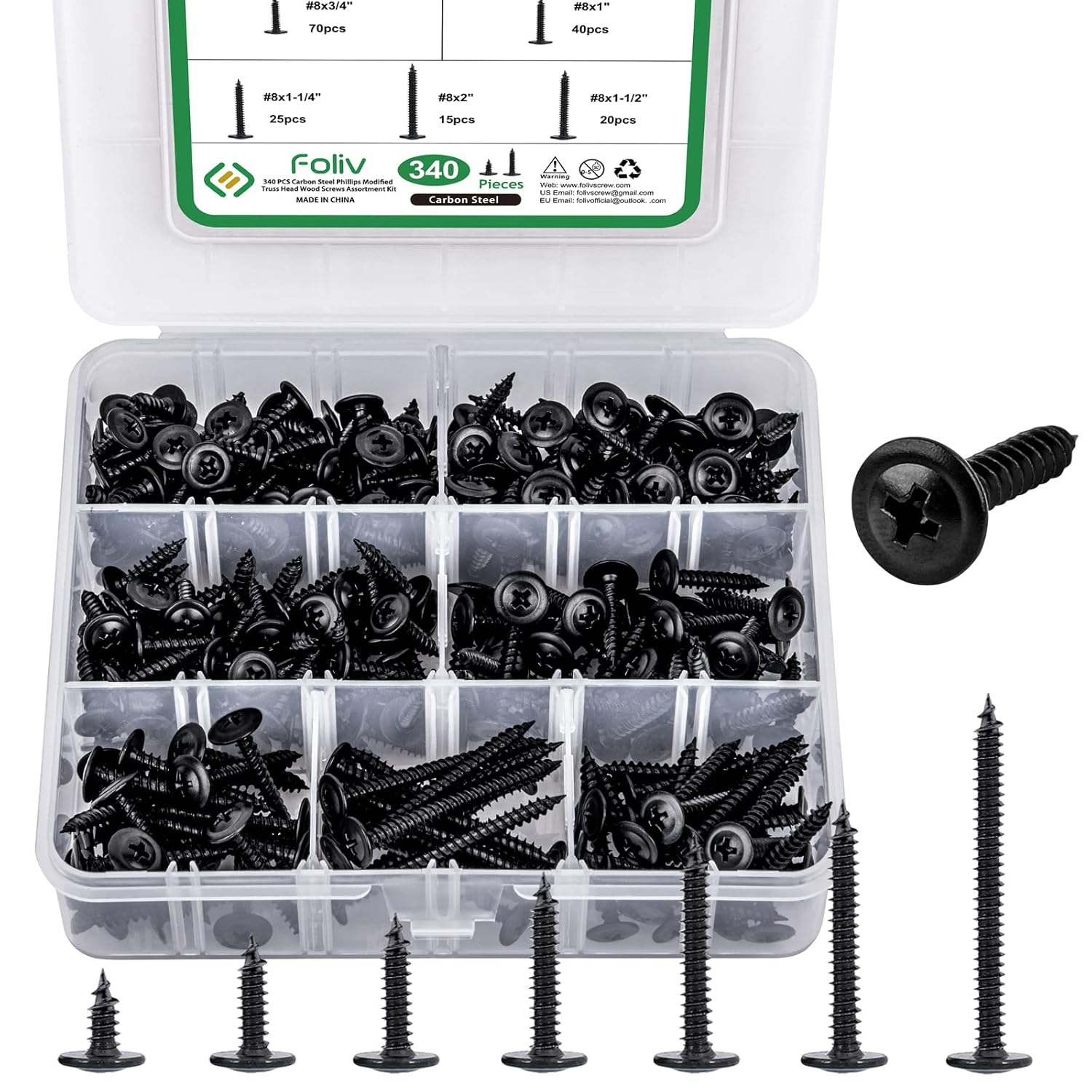 FOLIV 340PCS Black Wood Screws, 8 Phillips Modified Truss Head Self Tapping Screws Kit, Black ...