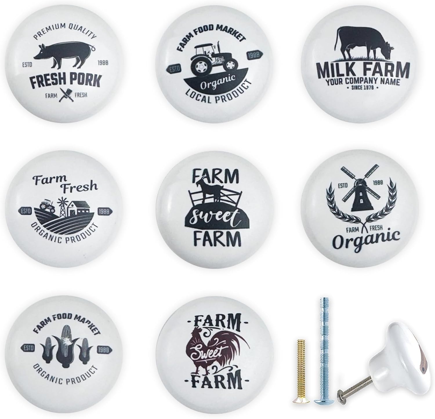 JamJam 1.5" Set of 8 Farmhouse Rooster Pig Cow Animals Farm Ceramic ...