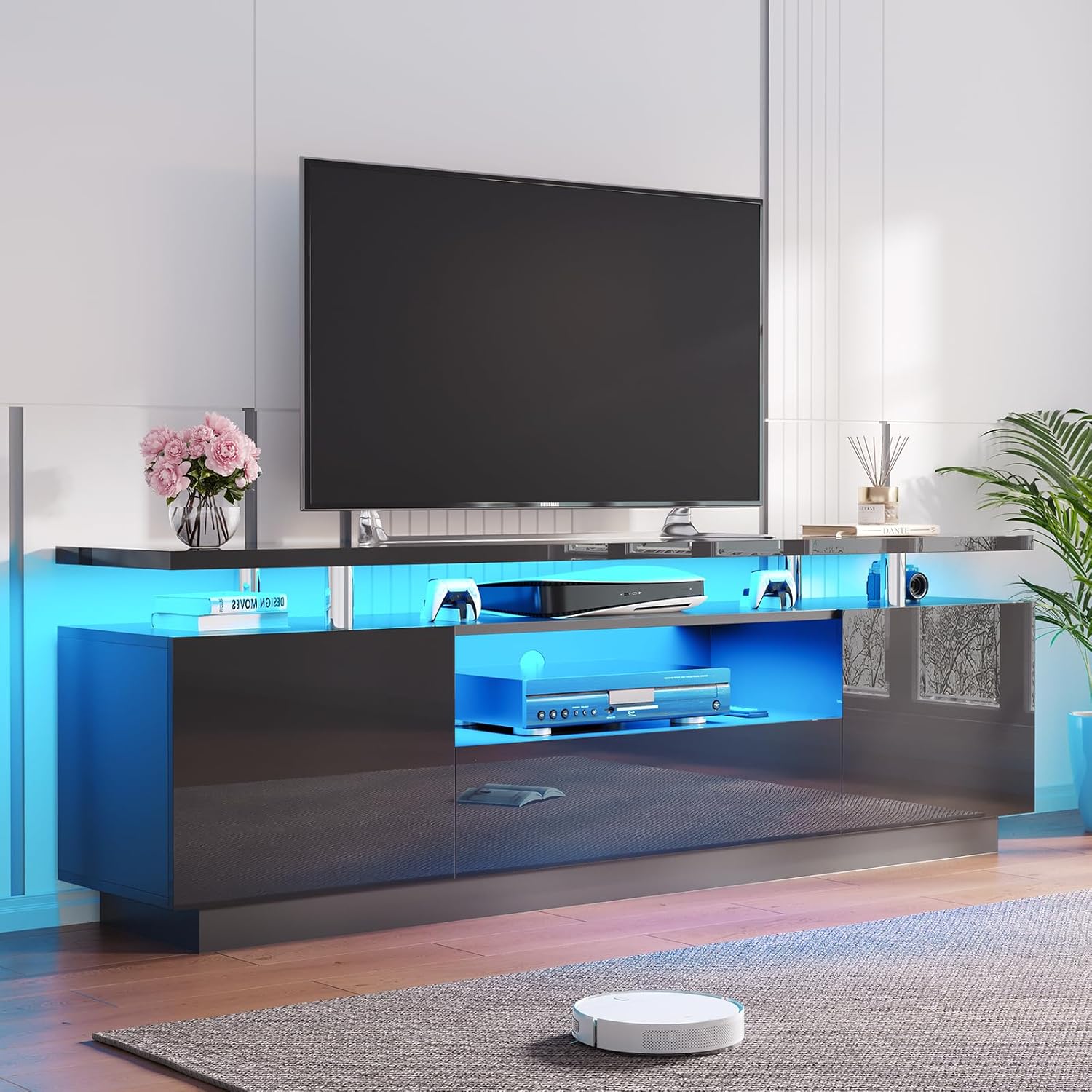 Amazon.com: LUXOAK 70in LED TV Stand, Modern High Gloss Entertainment ...