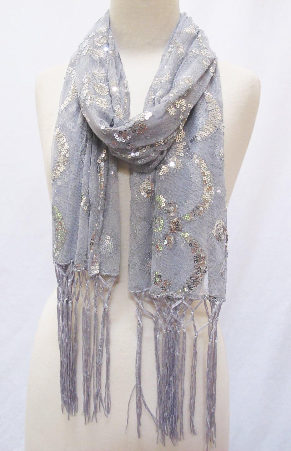 Floral Trellis Scallop Sequin Mesh Sheer Scarf Stole Shawl Wrap Grey ...