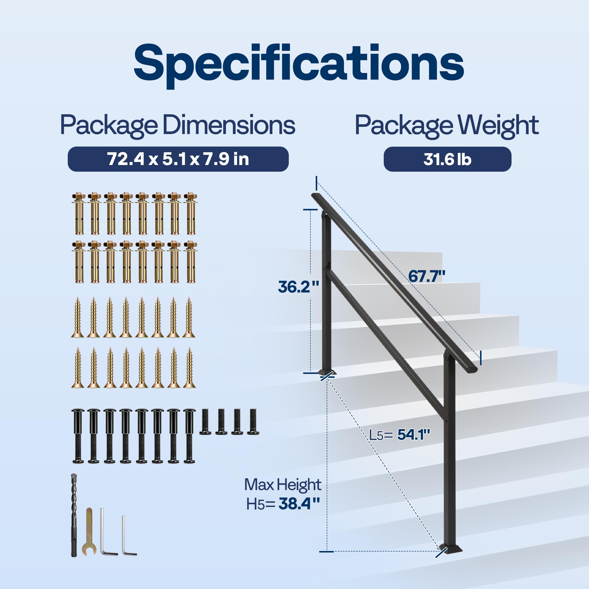 Snapklik.com : 2-Pack 5 Step Hand Rails For Outdoor Steps, Wrought Iron ...