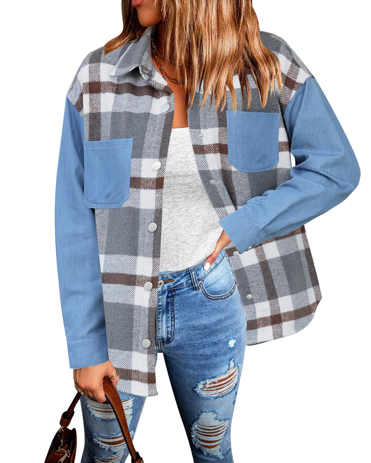 luvamia Womens Shacket Plaid Flannel Shirt Jean Jacket Denim Button ...