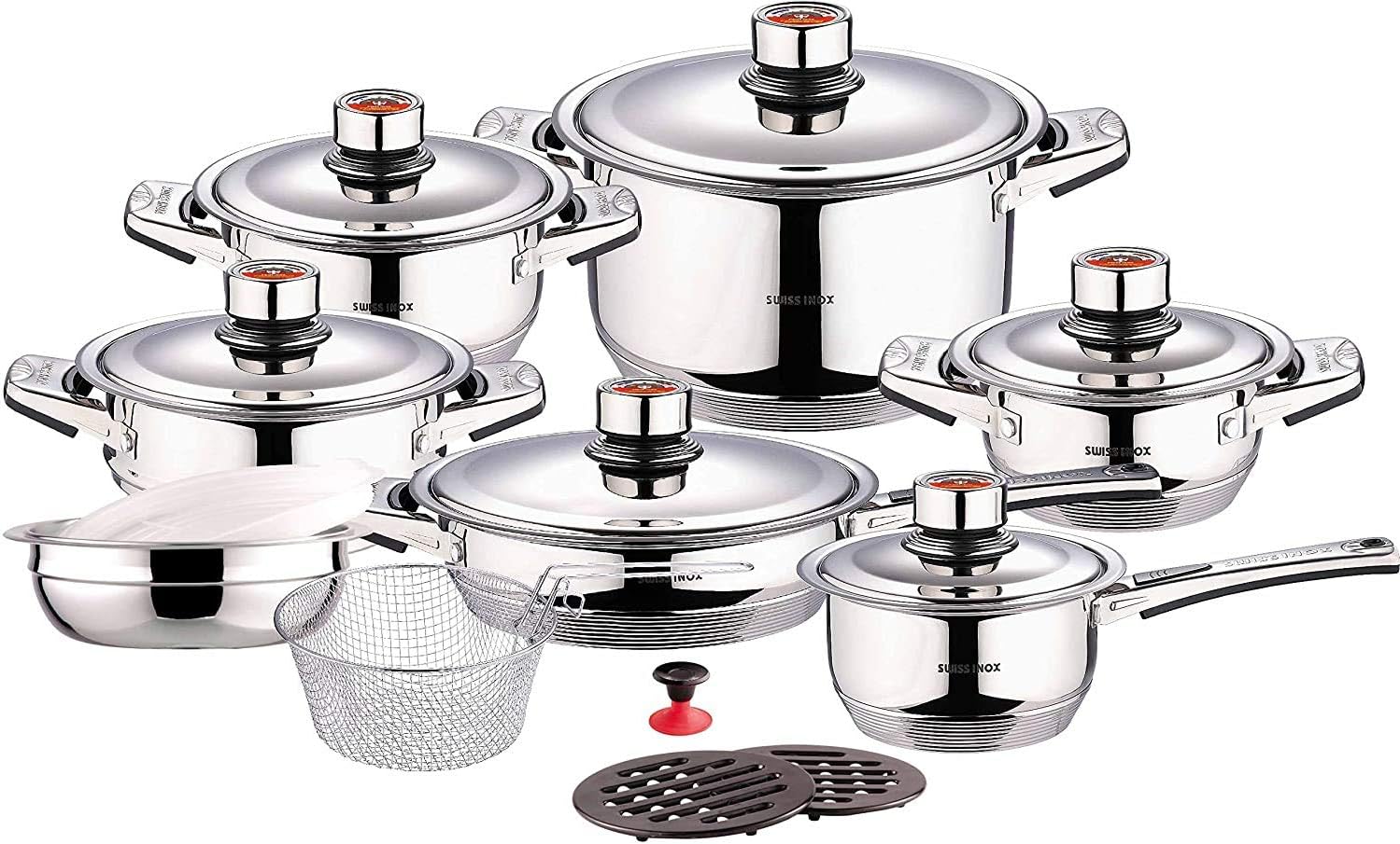 Amazon.com: Swiss Inox 18-Piece Stainless Steel Cookware Set, Includes ...